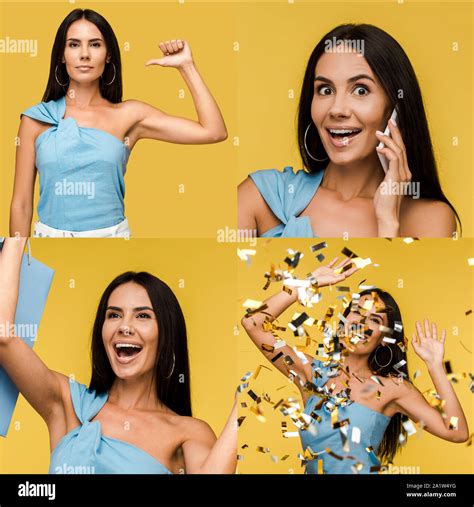 Collage Of Brunette Woman Showing Different Emotions Isolated On Yellow