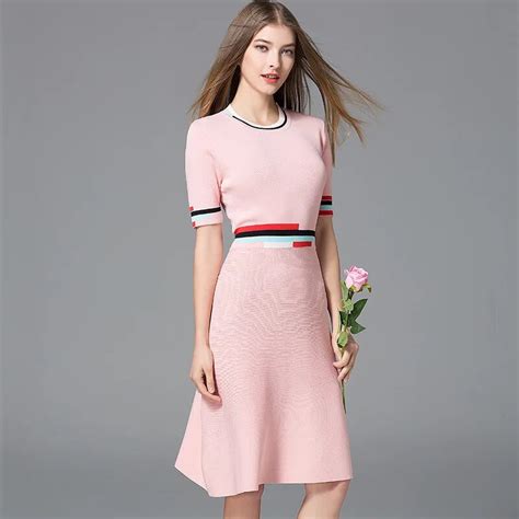 Casual Knitted Dress Women Sexy Contrast Color Slim Short Sleeve Summer
