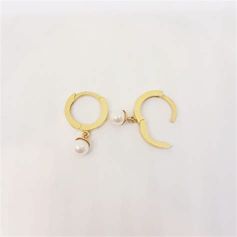 14k Real Solid Gold Freshwater Cultured Pearl Dangle Drop Hoop Earrings