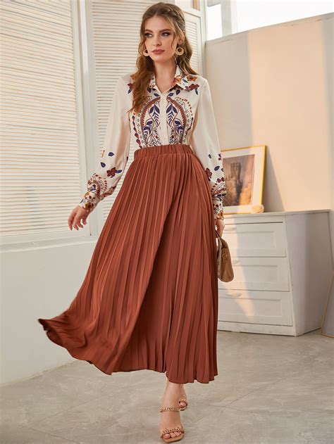 Shein Mulvari Floral Print Blouse And Pleated Skirt Shein Usa