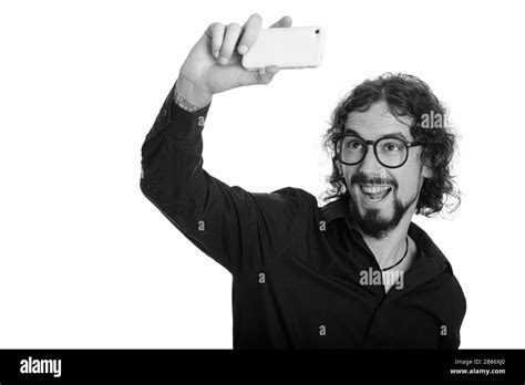 Happy Handsome Caucasian Man Taking Selfie With Mobile Phone Stock