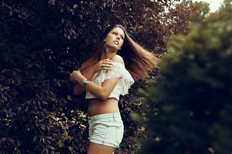Hd Wallpaper Women Depth Of Field Jean Shorts Brunette Pierced