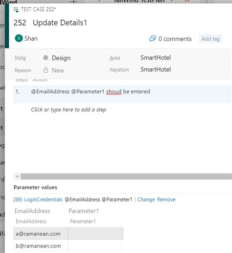 inserting a shared parameter in a testcase azure devops