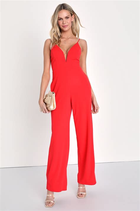 Coral Red Jumpsuit Plunge Jumpsuit Wide Leg Jumpsuit Lulus