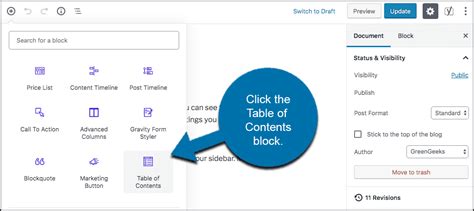 how to add a table of contents block to gutenberg in wordpress greengeeks