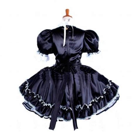 Sexy Sissy Girl Maid Mini Black Satin Lockable Dress Cosplay Costume