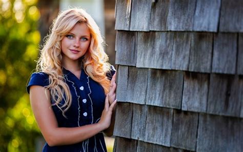 Beautiful Blue Eyes White Hair Girl Model Is Wearing Blue Dress