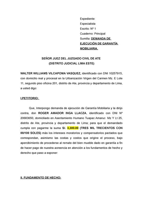 Demanda De Ejecución De Garantía Mobiliaria Expediente Especialista