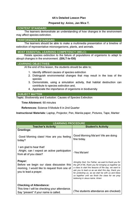 4as Lesson Plan Ttl2 4as Detailed Lesson Plan Prepared By Anino