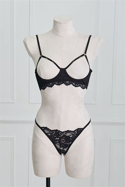 Breathless Open Cup Lace Shelf Bra Set Sexy Black Lacy Etsy