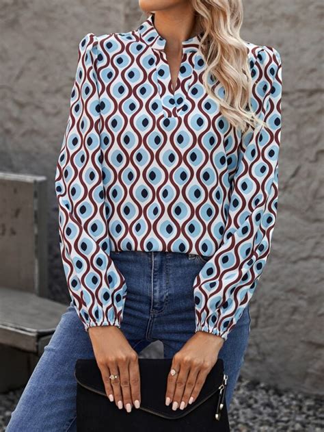 Allover Print Notched Neckline Lantern Sleeve Blouse Shein Uk