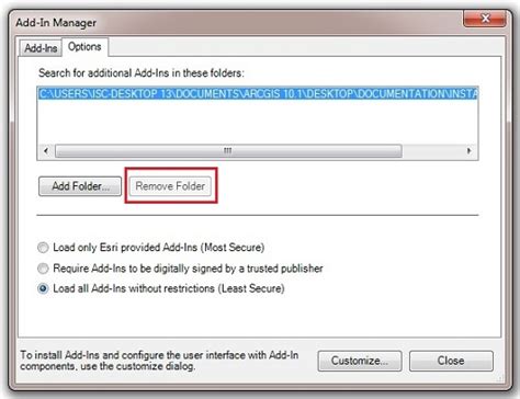 problem unable to remove an add in folder path from the add in manager