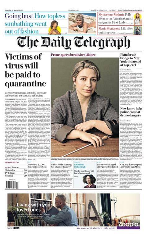Daily Telegraph Front Page 27th Of August 2020 Tomorrows Papers Today