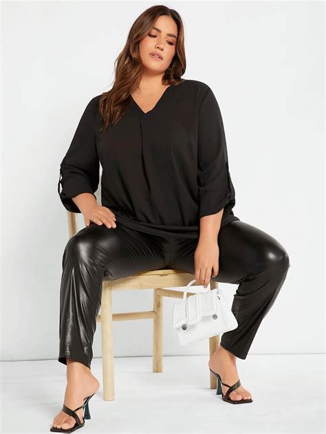 Shein Lune Plus Roll Tab Sleeve Curved Hem Top Shein Eur