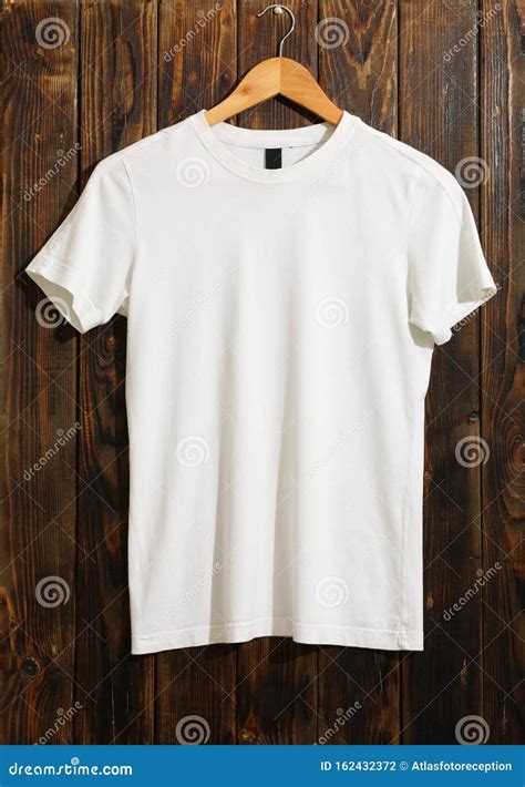 Blank White Shirt Mock Wooden Hanger Front Side View Rendering Stock