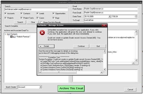 ms outlook plug in outlander archiving error