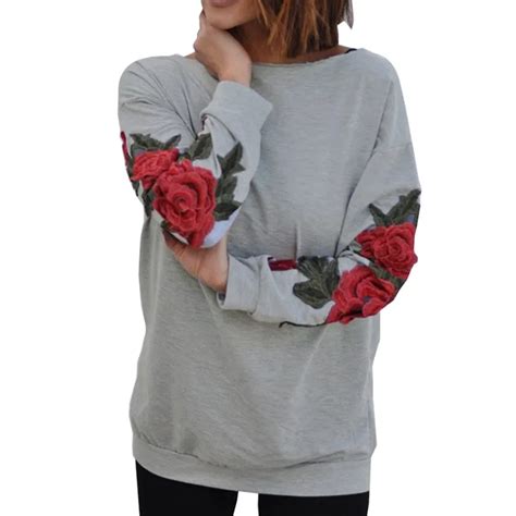 Embroidery Big Red Rose Flower Floral Sweatshirt Women Winter 2017 New
