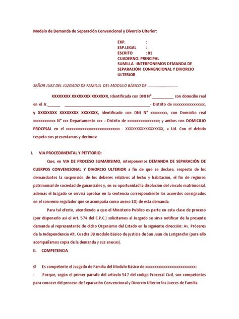 Modelo De Demanda De Separación Convencional Y Divorcio Ulterior