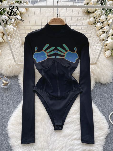 Singreiny American Sexy Slim Print Rompers Women Half High Collar Long