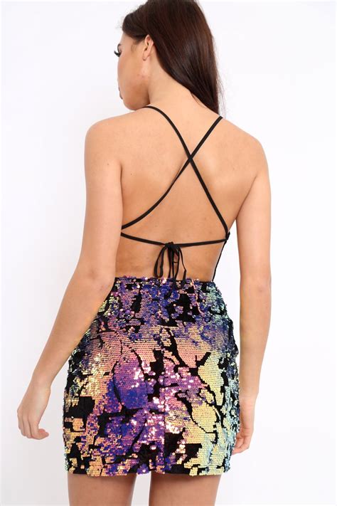 Purple Multi Sequin Cut Out Open Back Mini Dress Hayleigh