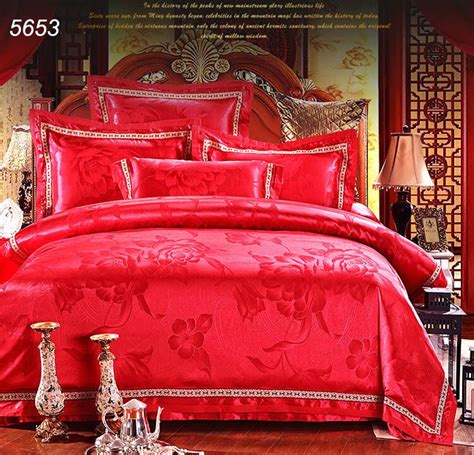 Chinese Traditional Red Wedding Bed Covers Tencel Tribute Jacquard Silk