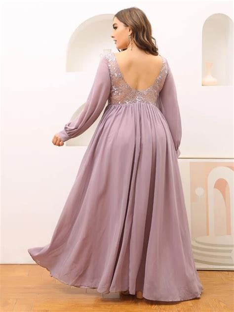Plus Contrast Lace Open Back Prom Dress Shein Usa In 2021 Open Back