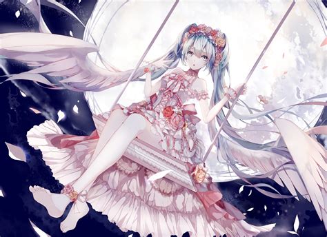 Amatsukiryoyu Barefoot Blue Eyes Blue Hair Clouds Dress Flowers