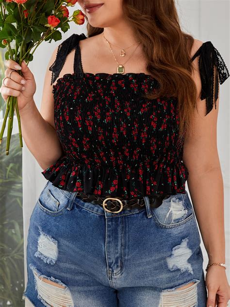 Shein Wywh Plus Ditsy Floral Print Tie Shoulder Ruffle Trim Cami Top