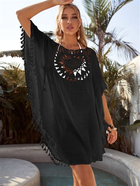 Shein Swim Bohofeel Contrast Crochet Tassel Trim Cover Up Shein Usa