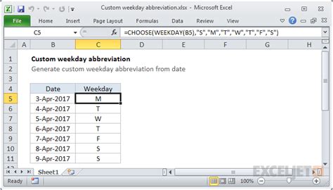 custom weekday abbreviation excel formula exceljet