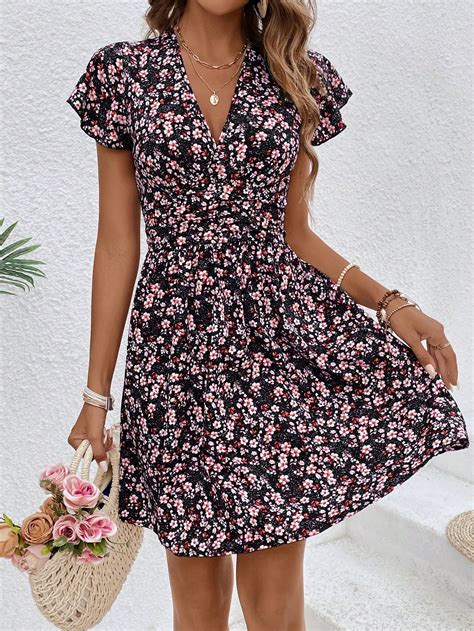 Shein Frenchy Womens A Line Floral Print Wrap Waist Dress For Sale