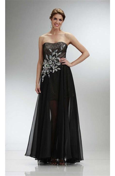 Flowing Strapless Long Black Chiffon Beaded Prom Dress Beaded Prom