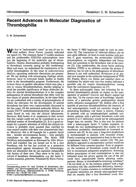 Pdf Recent Advances In Molecular Diagnostics Of Thrombophilia