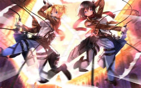2girls Annie Leonhardt Black Hair Blonde Hair Blue Eyes Mikasa Ackerman
