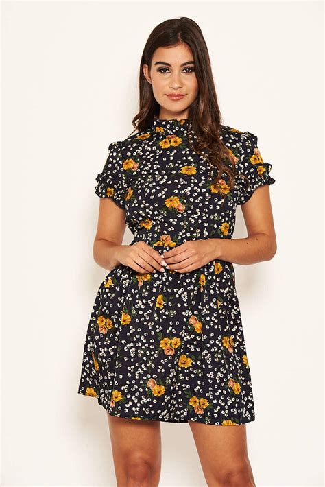 Navy Mixed Floral Frilled Skater Dress Ax Paris