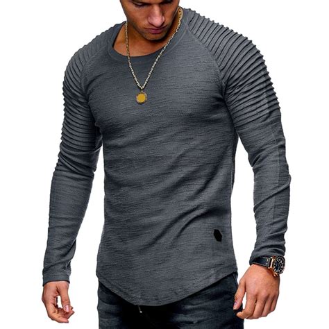Men Bodybuilding Casual Fit Slim Long Sleeve Tshirt Solid Pleated