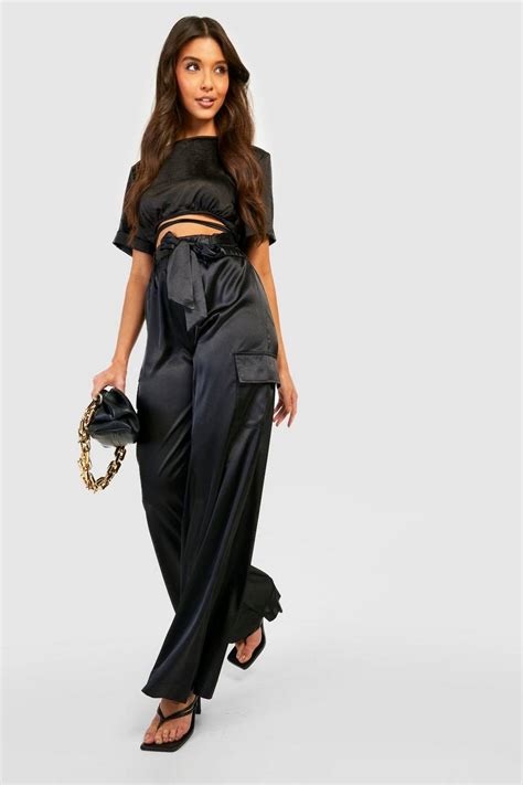 Womens Satin Luxe Wide Leg Cargo Trouser Boohoo Uk