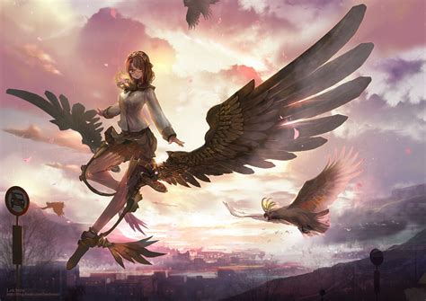 Wallpaper Illustration Anime Girls Glasses Wings Clouds Skirt