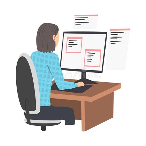 female programmer character coding on laptop computer vector