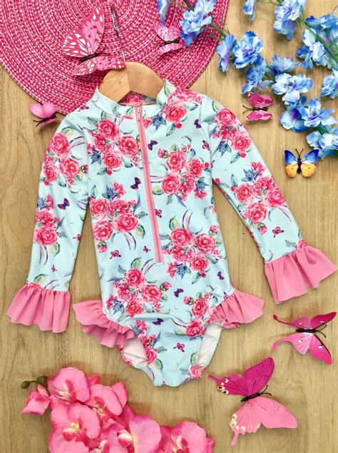 Girls Zipper Ruffled Rash Guard One Piece Swimsuit Mia Belle Girls