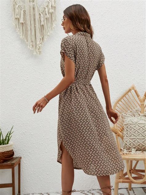 Shein Lune Allover Print Batwing Sleeve Belted Dress Shein Usa