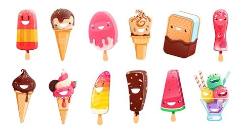 Conjunto Aislado De Personajes De Postre De Helado De Dibujos Animados