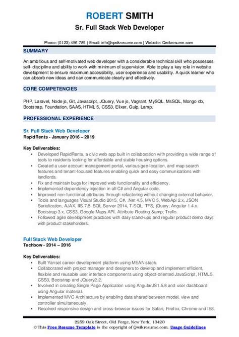 full stack web developer resume samples qwikresume