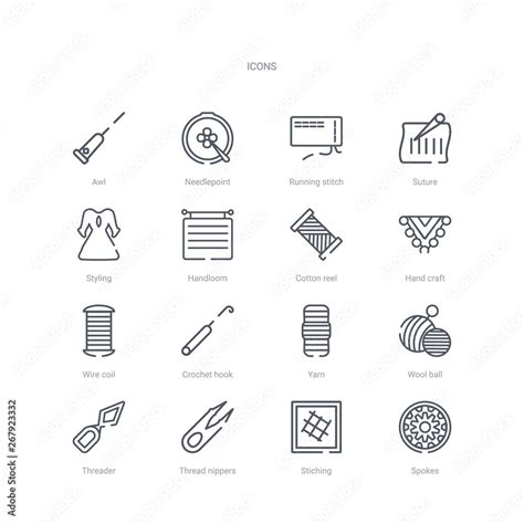 Set Of 16 Sew Concept Vector Line Icons Such As Spokes Stiching