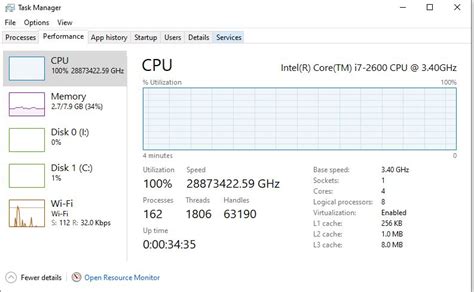 why does task manager show cpu speed as 28873422 59 ghz and usage