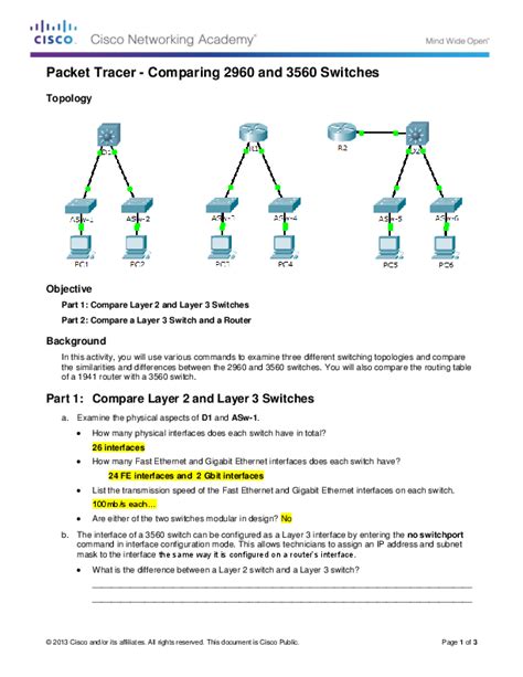 doc packet tracer comparing 2960 and 3560 switches topology