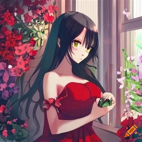 Anime A Lady In A Red Dress With Long Black Hair Sitting By A Window