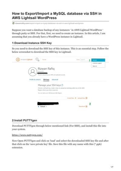 how to export import a mysql database via ssh in aws lightsail wordpress