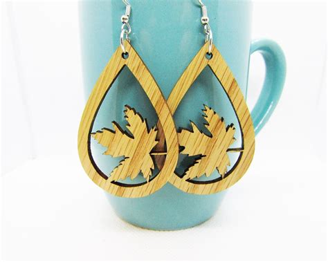 Teardrop Tree Leaf Earrings Leaf Earrings Wooden Earrings Laser Cut
