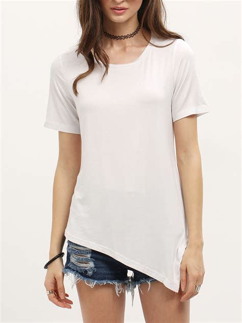 White Short Sleeve Asymmetrical Loose T Shirt Shein Sheinside